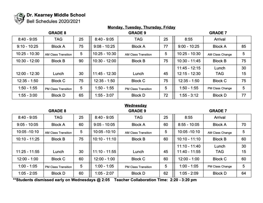 Bell Schedule 2020/2021 - Dr. Kearney Middle School